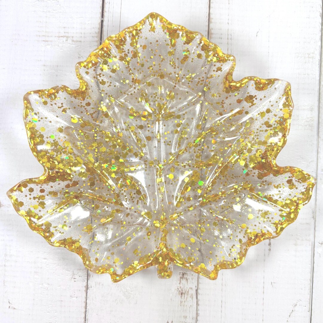 Gold Glitter Resin Leaf Trinket Tray – Handmade Decorative Dish, Autumn ...