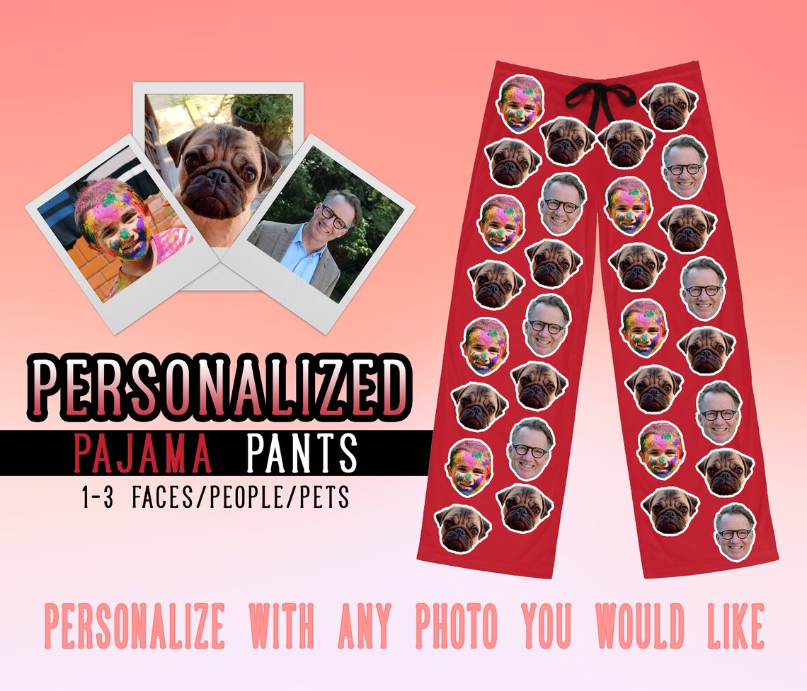 Custom Photo Pajama Pants, Custom Face Pajams, Pet Cat Dog Face on ...