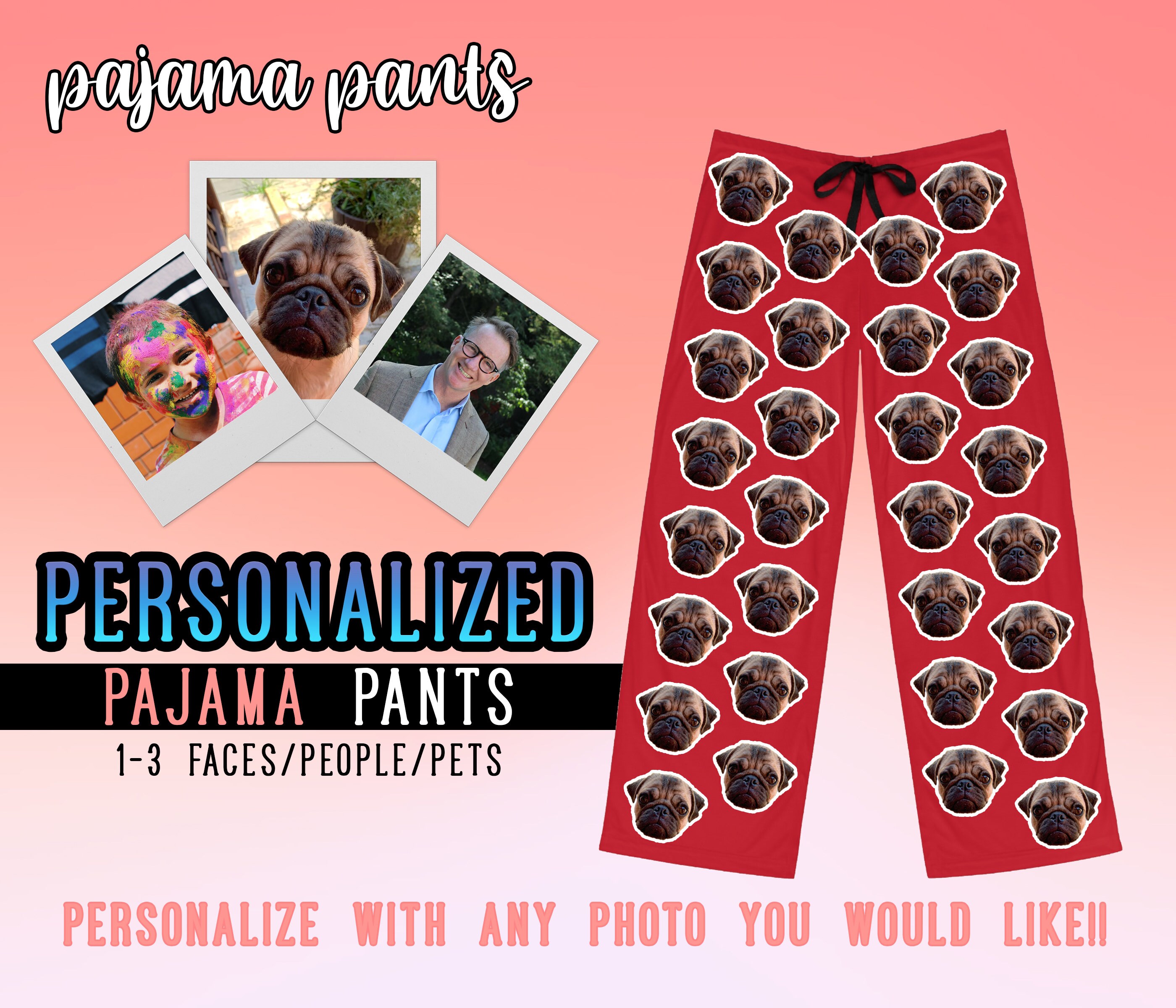 Custom Photo Pajama Pants, Custom Face Pajams, Pet Cat Dog Face on ...