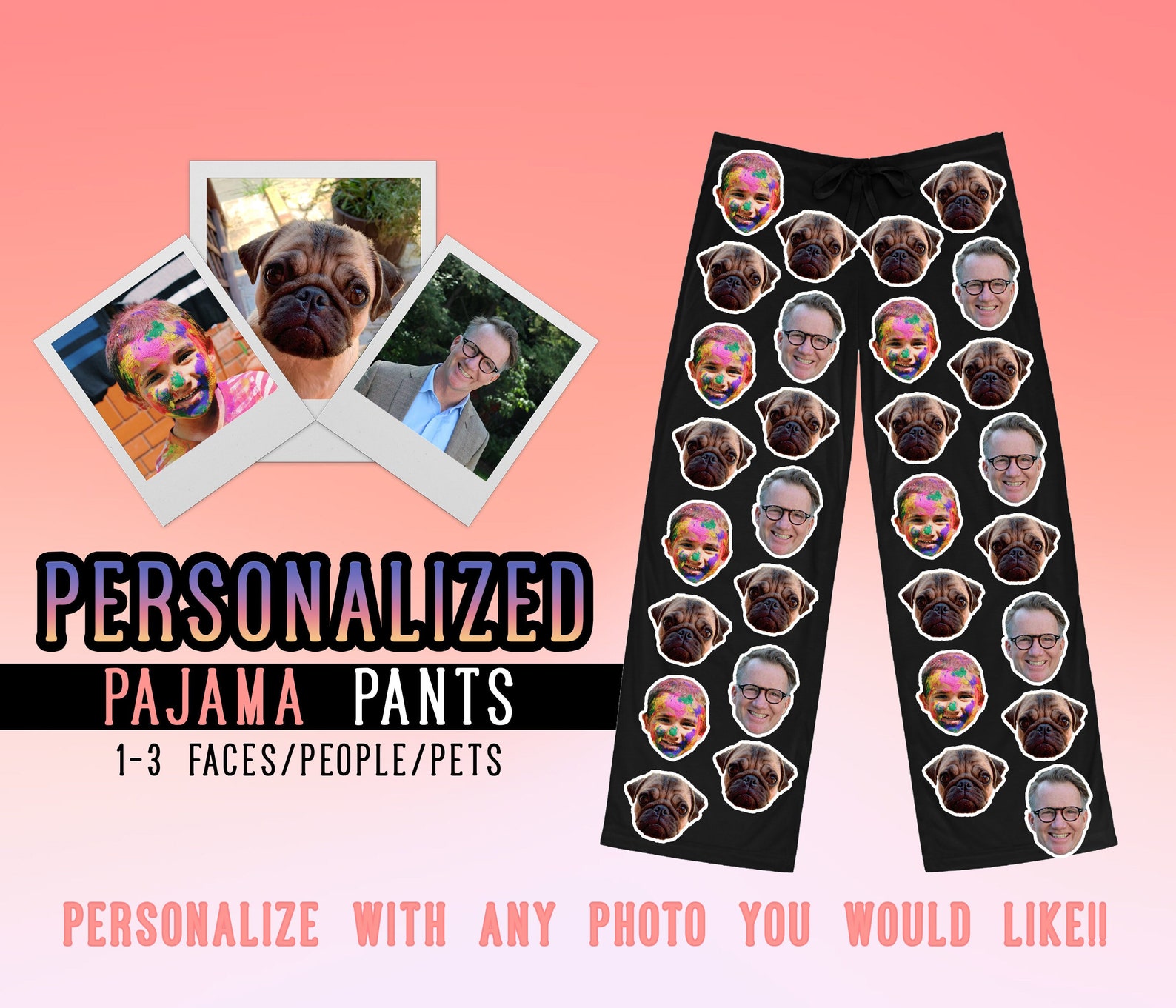 Custom Photo Pajama Pants, Custom Face Pajams, Pet Cat Dog Face on ...