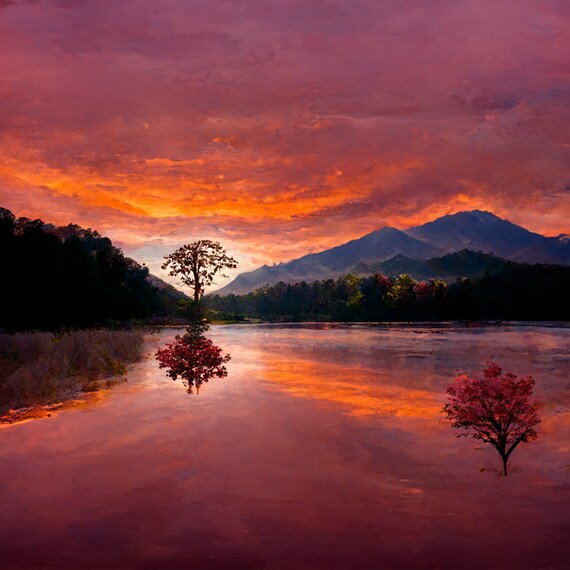 Red Mountains Sunset Clouds Art