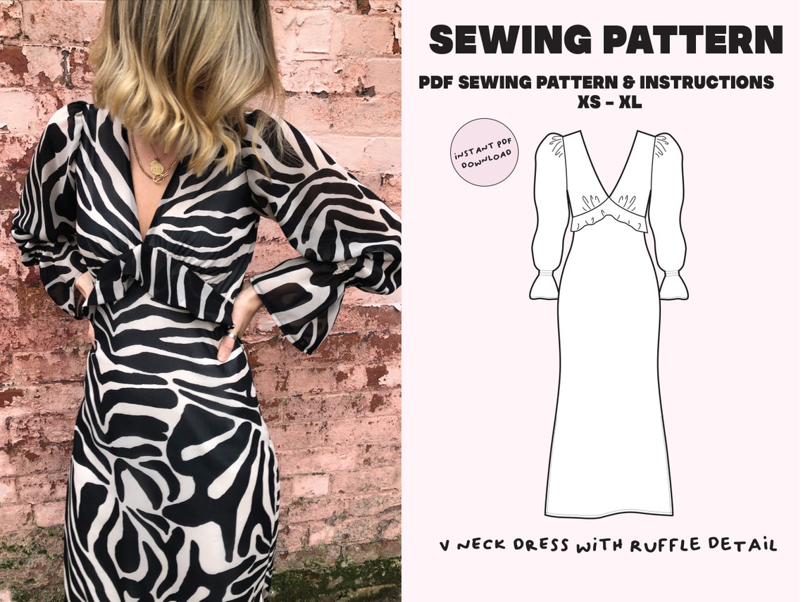 Midi Dress With Frill Digital PDF Sewing Pattern / Size XS-XL - Etsy