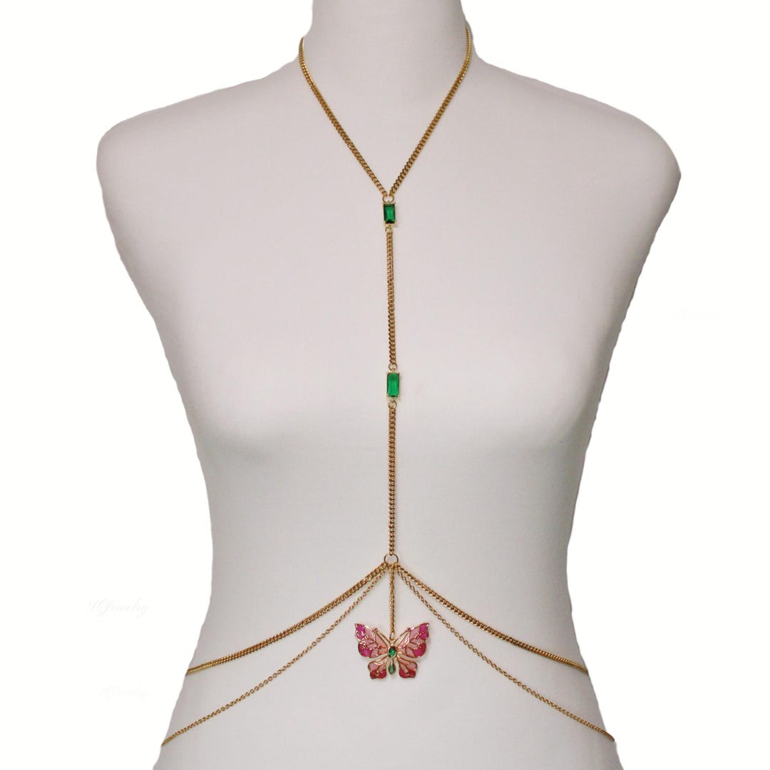 Pink Butterfly Body Chain Statement Beach Jewelry 18K Gold Plated Green ...