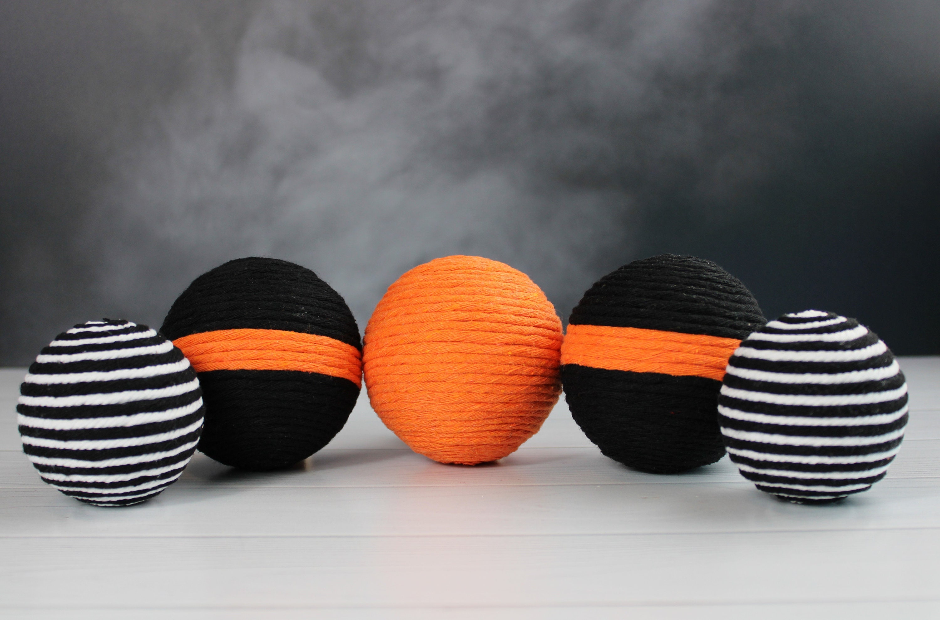 Macrame Wrapped Balls, Spooky Decorative Balls, Orange & Black Yarn ...