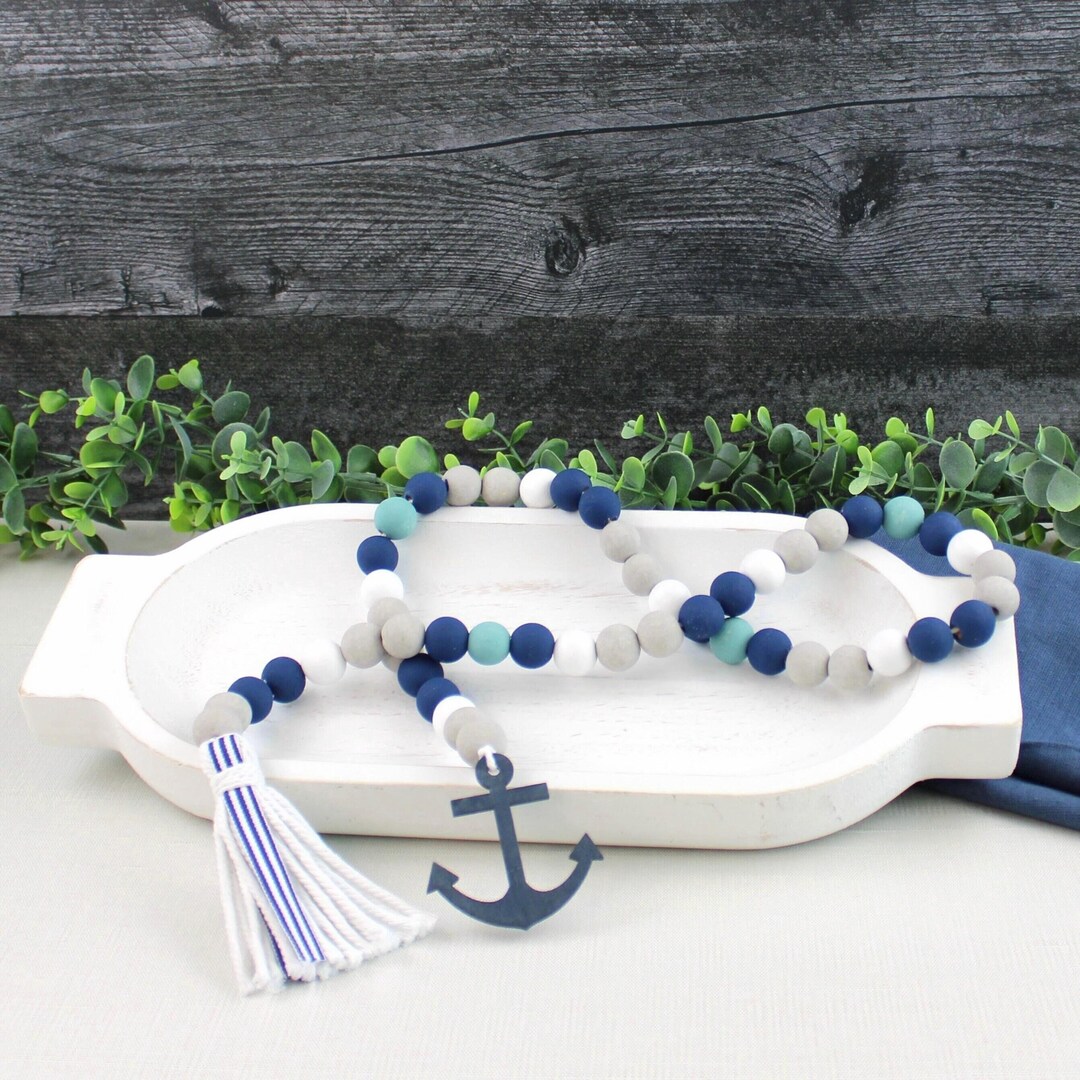Nautical Wood Bead Garland, Summer Decor, Nautical Decor, Coastal ...