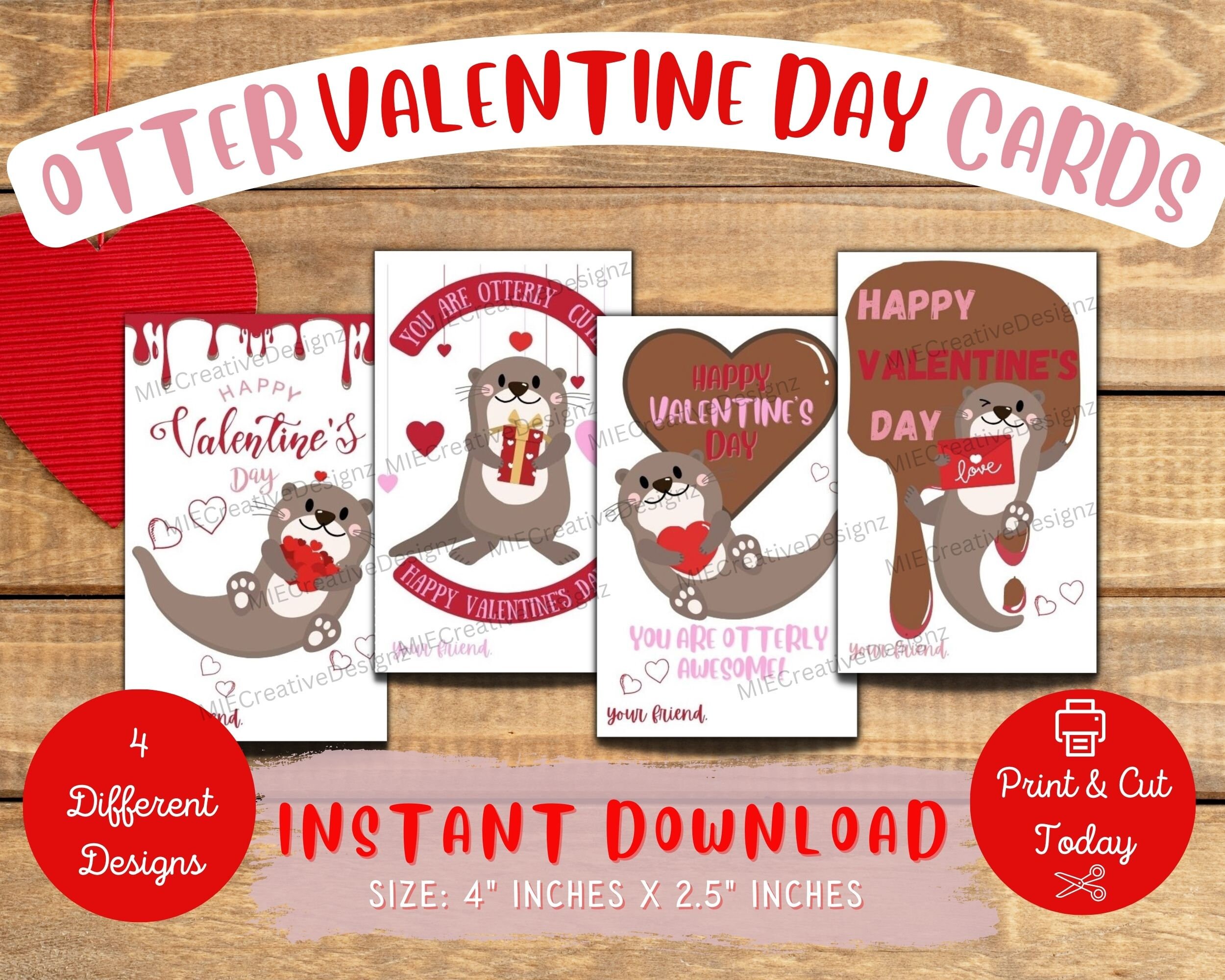 Kid Otter Valentine Day Cards, Valentine Tags, 4 Designs, INSTANT ...
