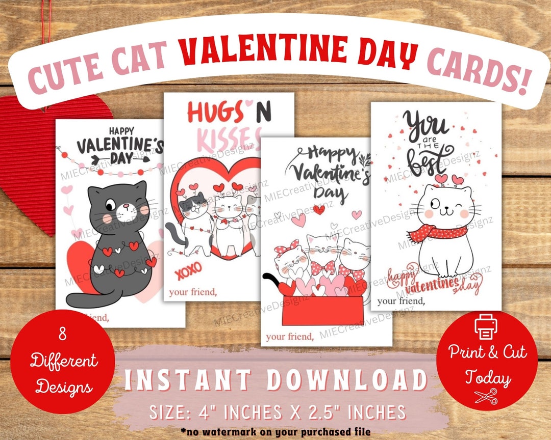 Kids Cute CAT Valentine Day Cards, Valentine Tags, 4 Designs, INSTANT ...