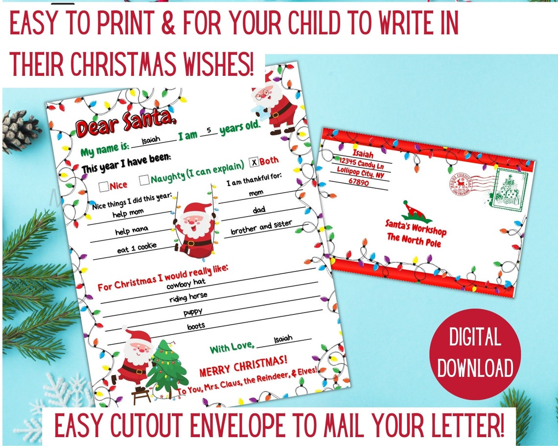PRINTABLE LETTER to SANTA, Red Children's Letter to Santa, Santa Claus ...