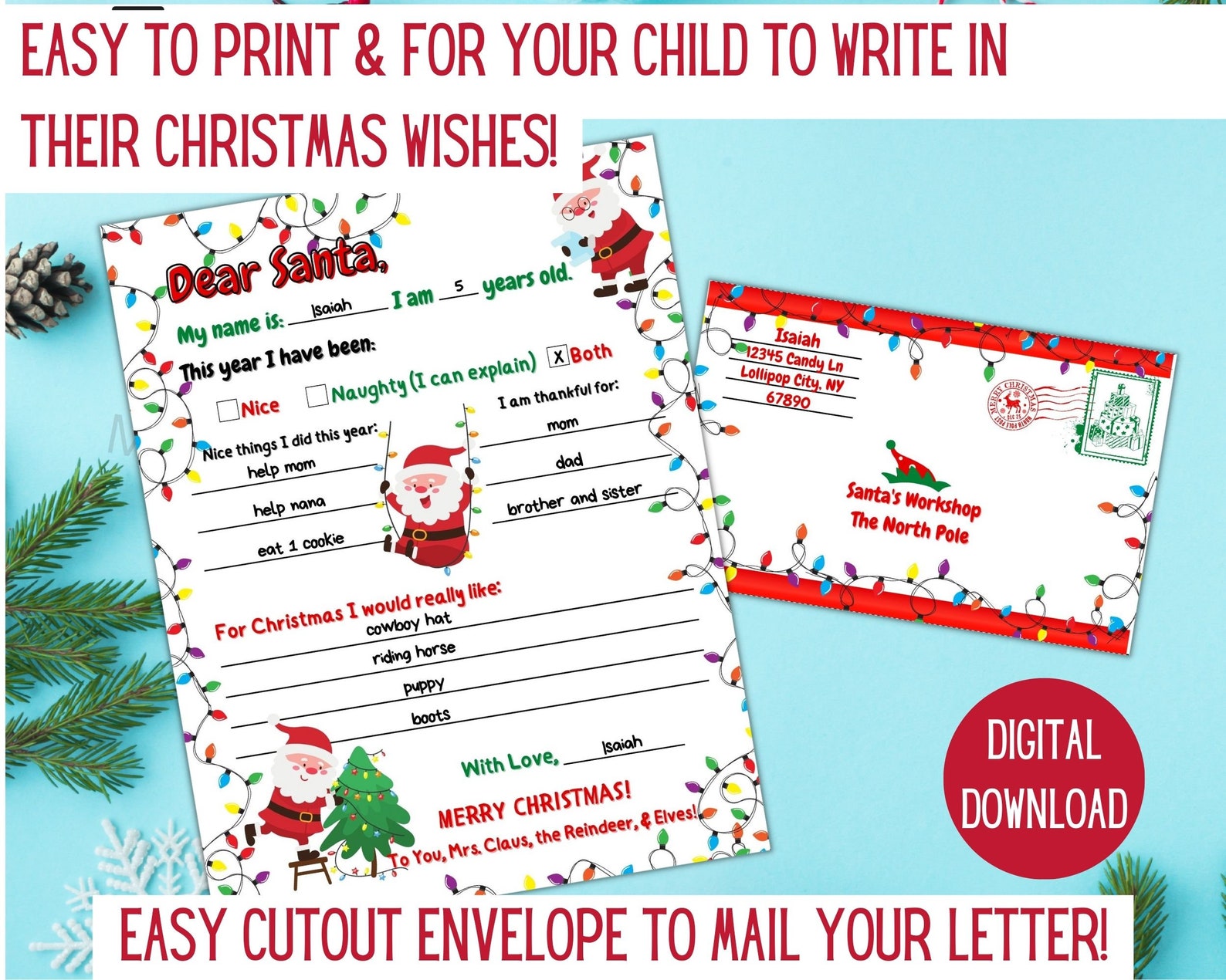 PRINTABLE LETTER to SANTA, Red Children's Letter to Santa, Santa Claus ...
