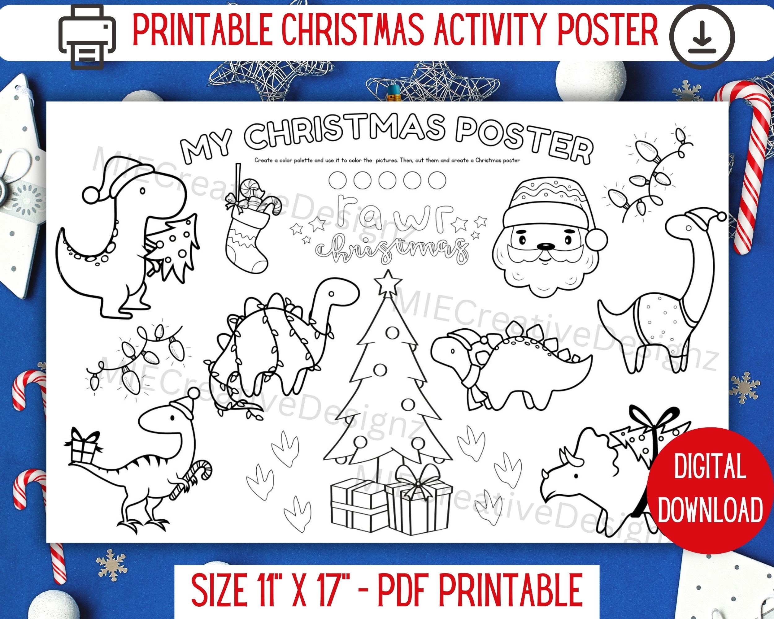 DINOSAUR CHRISTMAS Coloring POSTER, Dinosaur Coloring Page Placemat ...