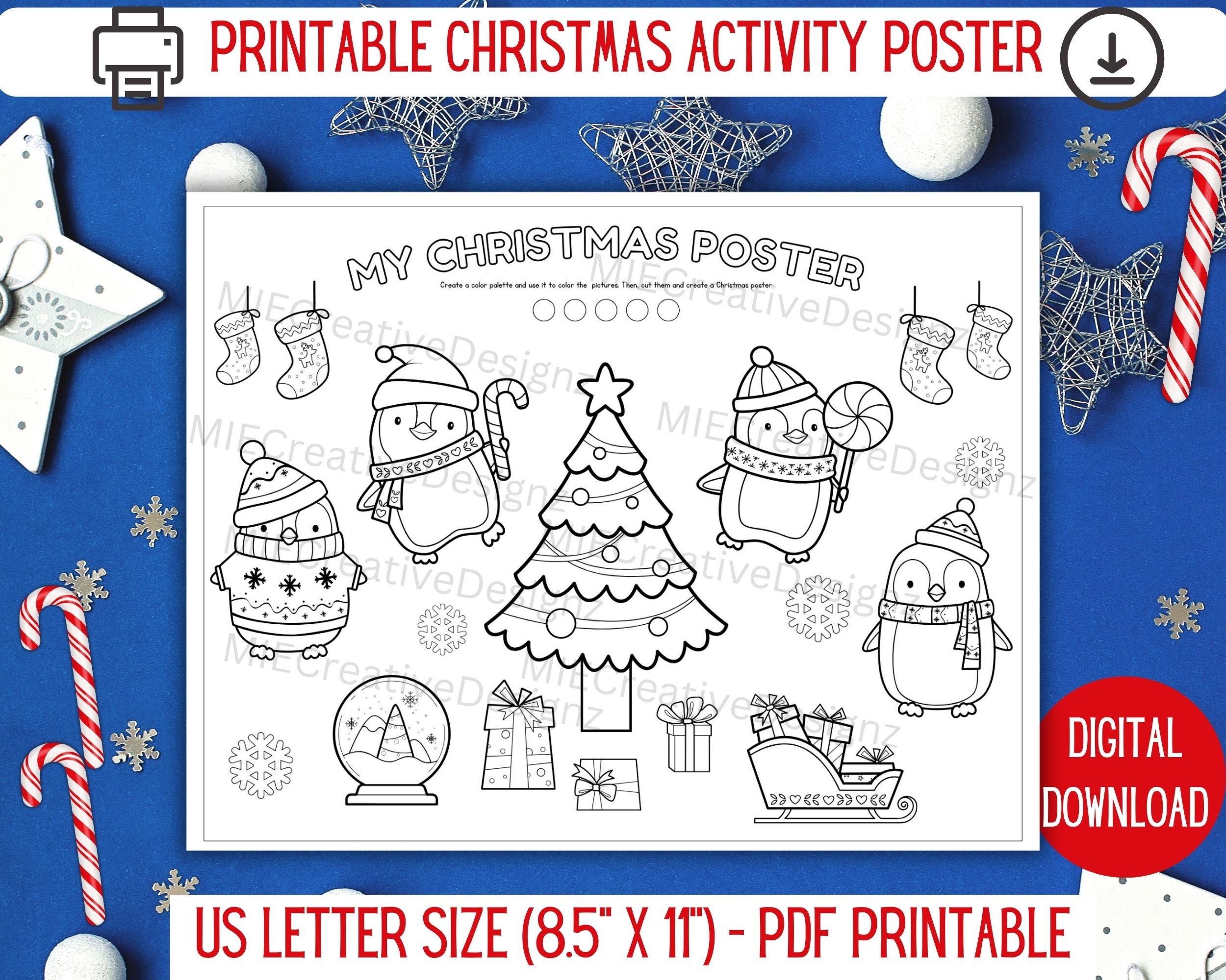 PENGUIN CHRISTMAS Coloring POSTER, Penguin Coloring Page Placemat ...
