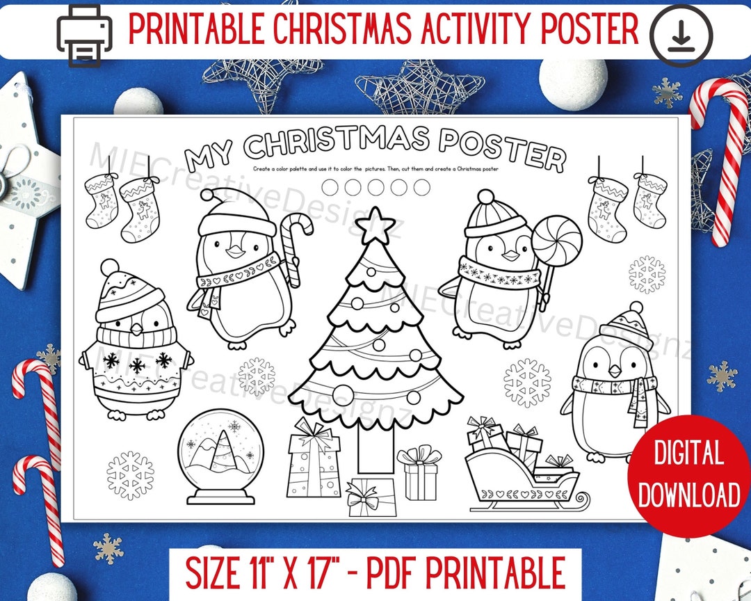 PENGUIN CHRISTMAS Coloring POSTER, Penguin Coloring Page Placemat ...
