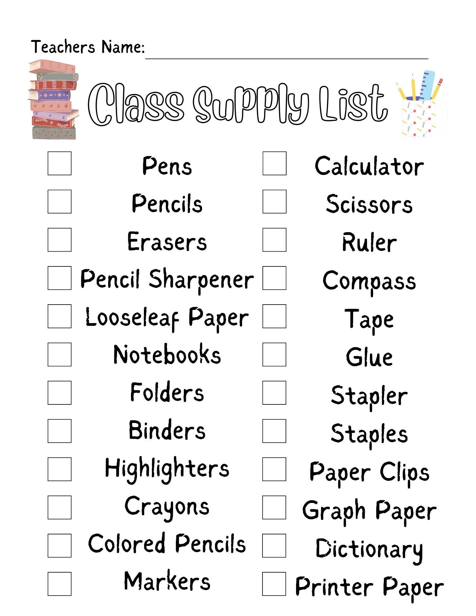 Class Supply List Digital Printout - Etsy