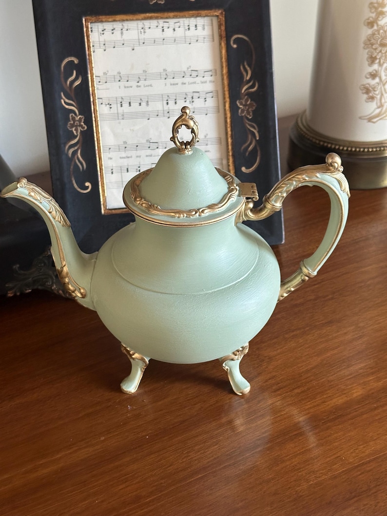 Vintage Hand Painted Silver Tea Pot in Sage Green and Gold Leaf Accents ...