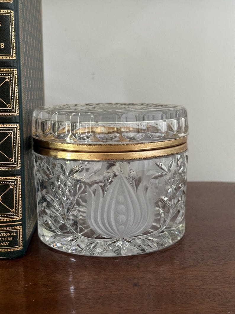 Vintage Lead Crystal Trinket Box: Floral Design, Gold Rim - Etsy