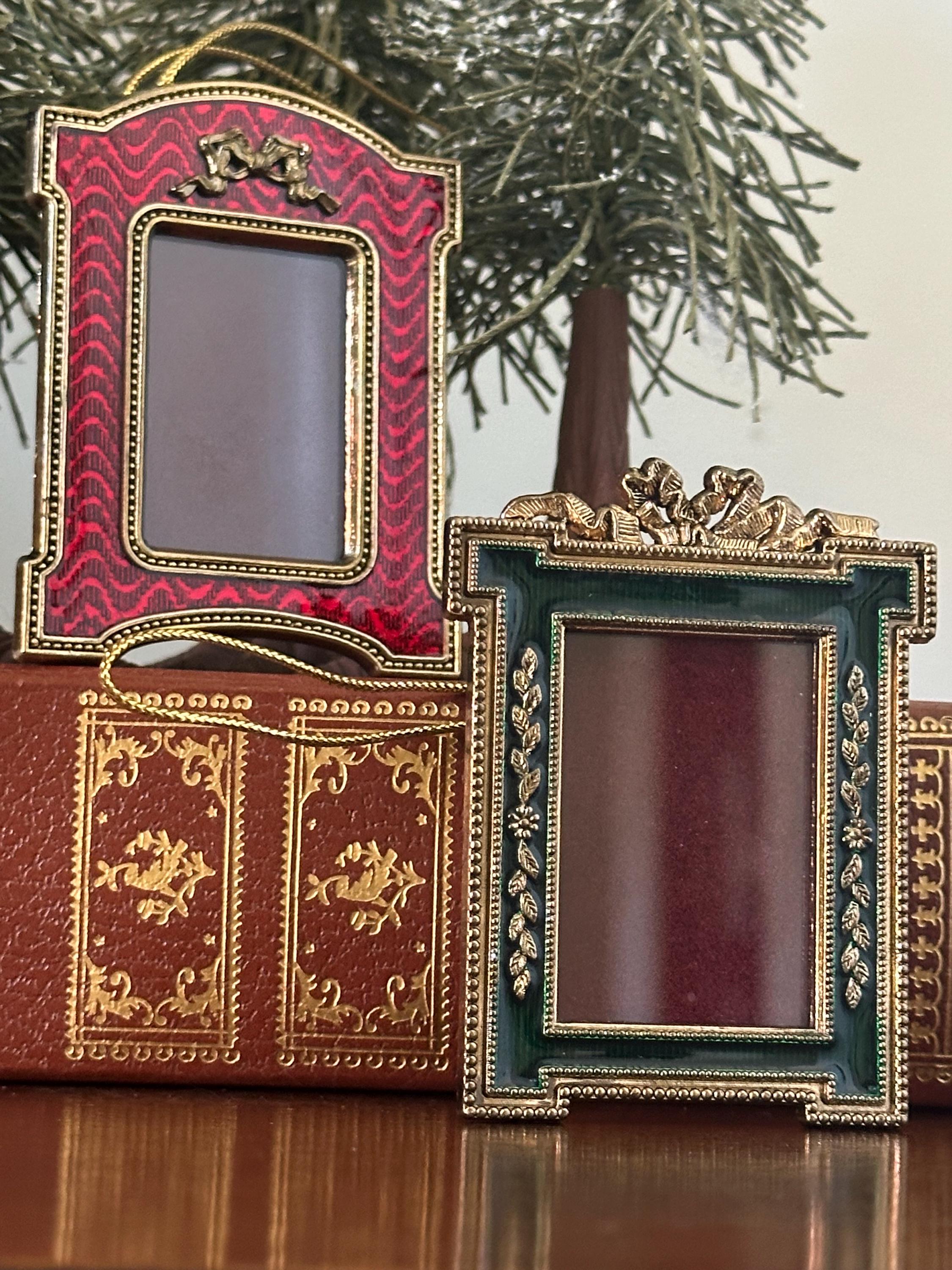 Vintage Pair of Ruby Red & Emerald Green Enamel and Brass Ornate Mini ...
