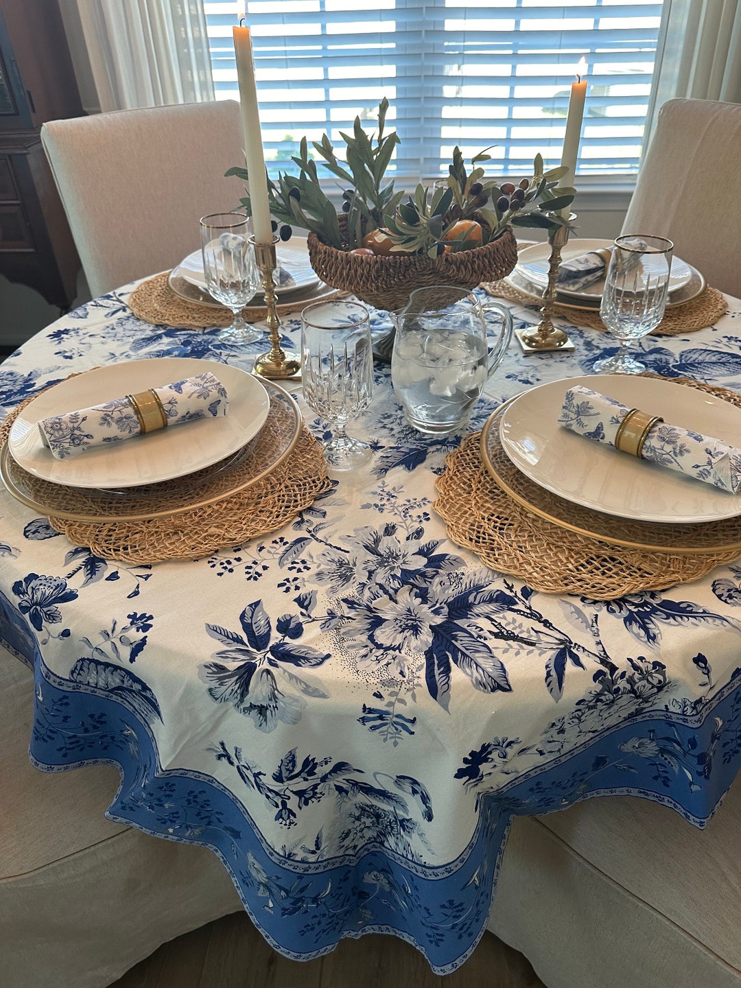 Vintage Blue and White Floral Handprint 100% Cotton Tablecloth/overlay ...