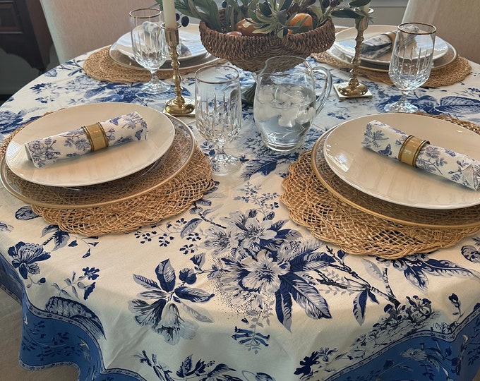 Vintage Blue and White Floral Handprint 100% Cotton Tablecloth/overlay ...