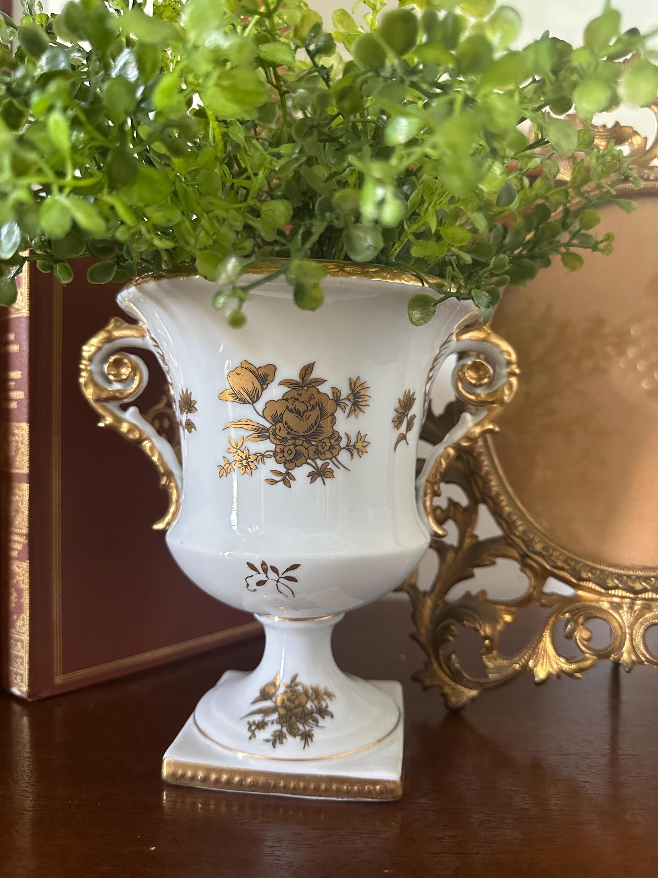 Vintage Cream Porcelain Urn With Gold Floral Design - Etsy