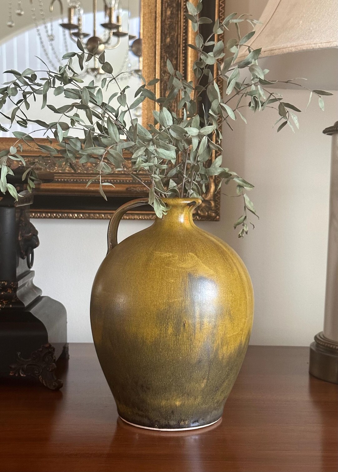 Ceramic Jug/rundlet With Handle- Olive Green, Yellow/gold Made in ...