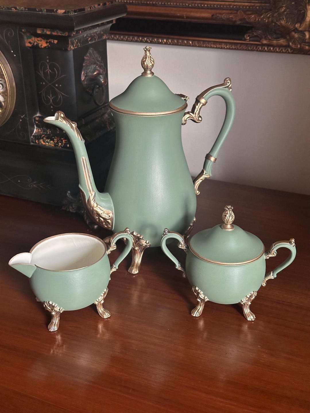 Vintage Hand Painted Tea Set: Moss Green & Gold Leaf, Cottage Decor - Etsy