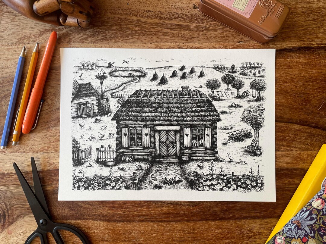 Black and White Print "chateńka" by Marta Tyfa | Old Cottage | Polish ...