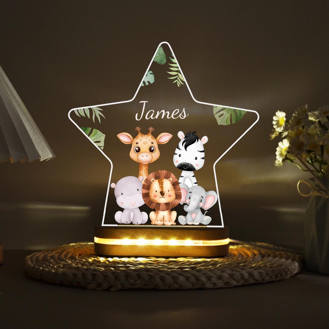 Personalised Jungle Animal Night Light, Kids Star Lamp Gift, Safari ...