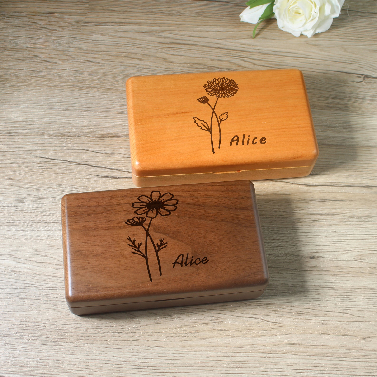 Custom Birth Flower Name Solid Wood Jewelry Box Natural - Etsy