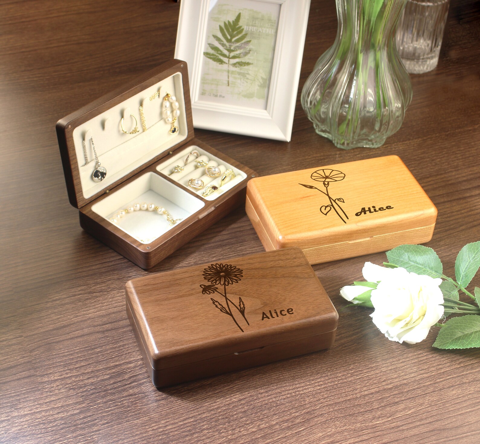Custom Birth Flower Name Solid Wood Jewelry Box Natural - Etsy