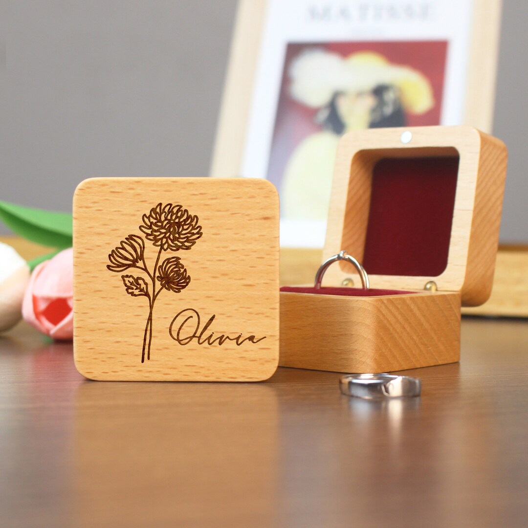 Birth Month Flower Ring Box Custom Name Wood Ring Box Solid Wooden Ring ...