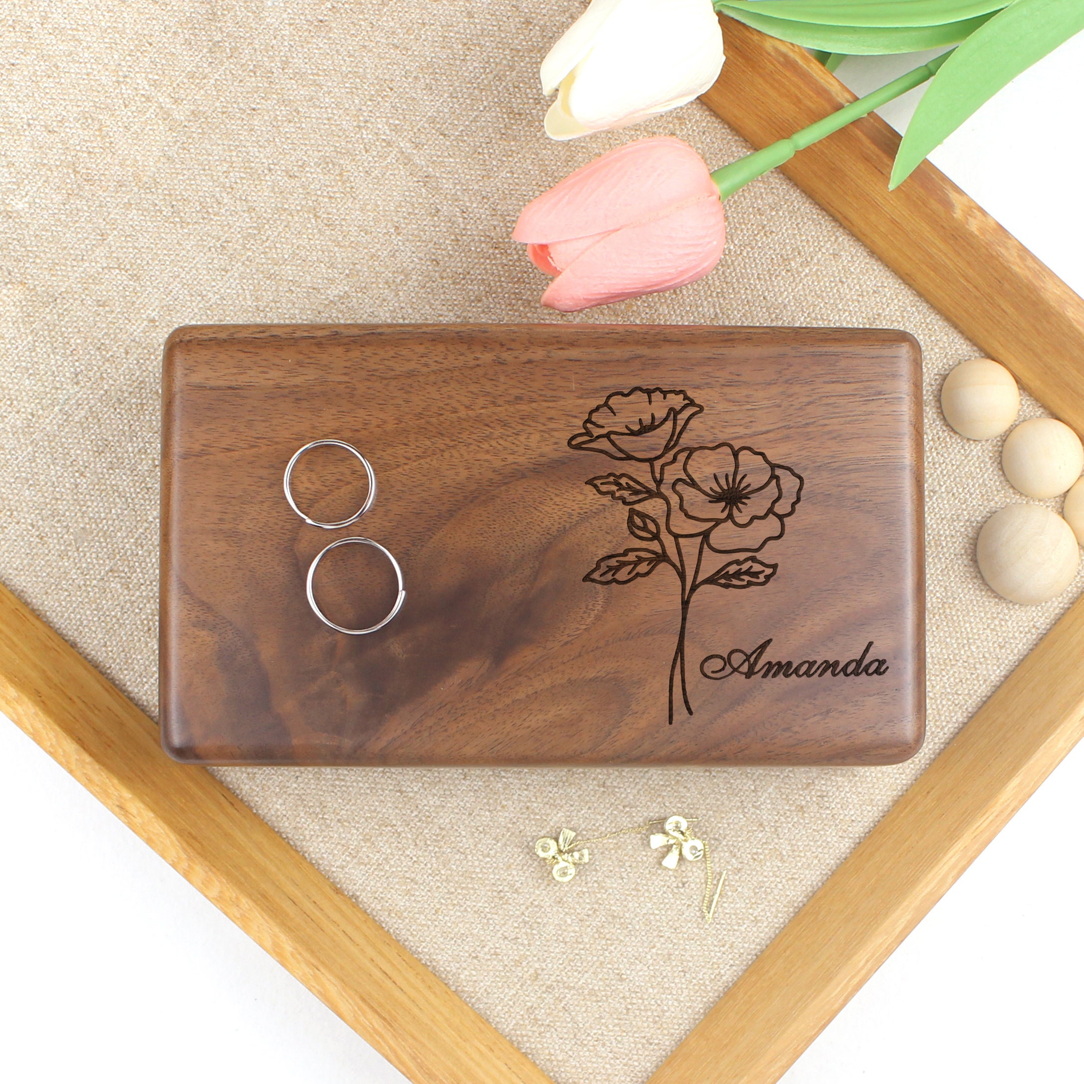 Custom Birth Flower Name Solid Wood Jewelry Box Natural - Etsy