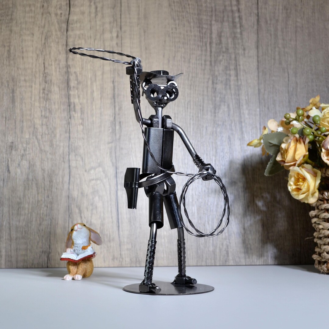 Handmade Metal Cowboy Robot Sculpture With Lasso Cowboy Figurine, Desk ...