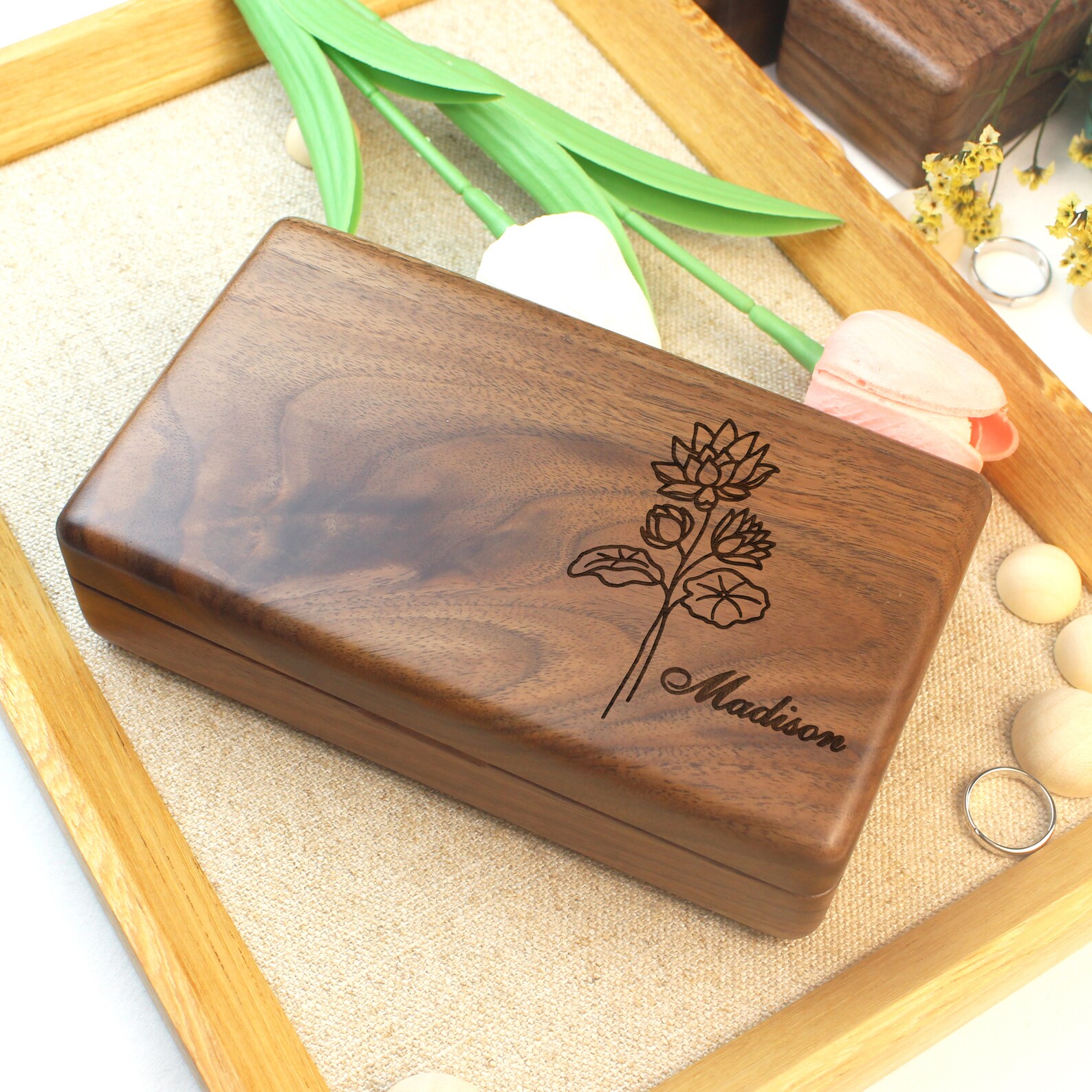 Custom Birth Flower Name Solid Wood Jewelry Box Natural - Etsy