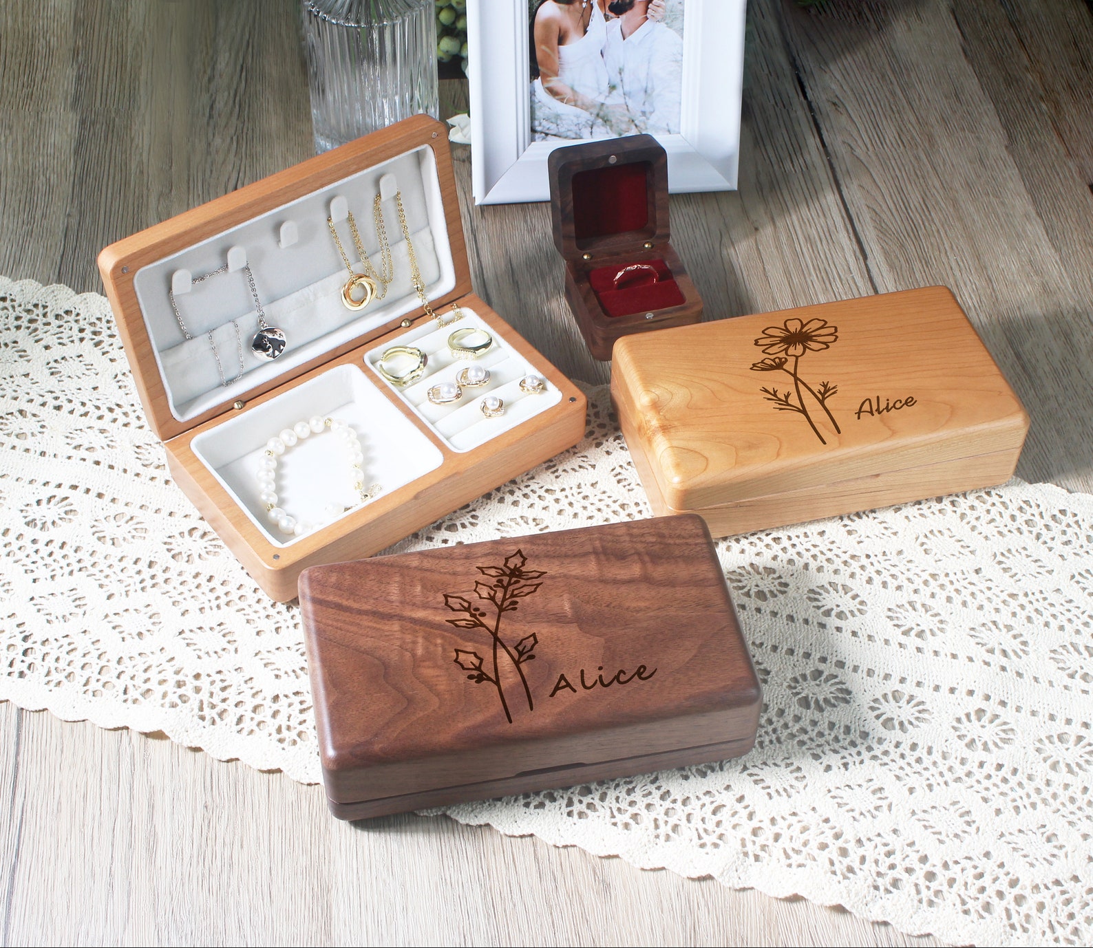 Custom Birth Flower Name Solid Wood Jewelry Box Natural - Etsy