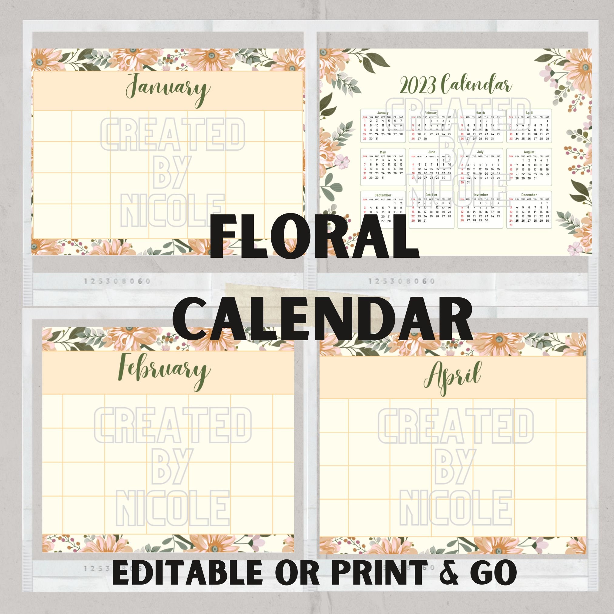Floral Yearly Calendar - Editable/print and Go - Etsy