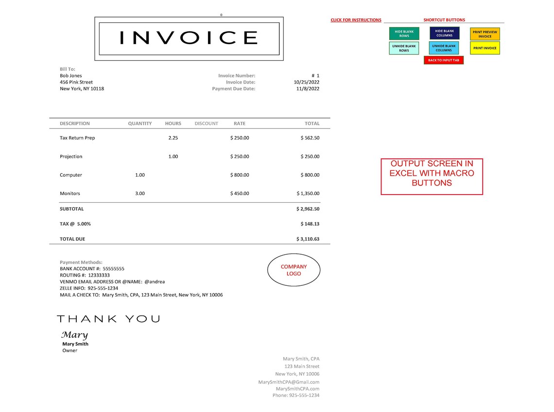 Simple Excel Invoice Template With Macros 4 - Etsy