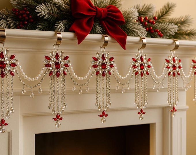 Luxury Rhinestone Mantel Garland | Handmade Red Crystal Pearl Swag ...