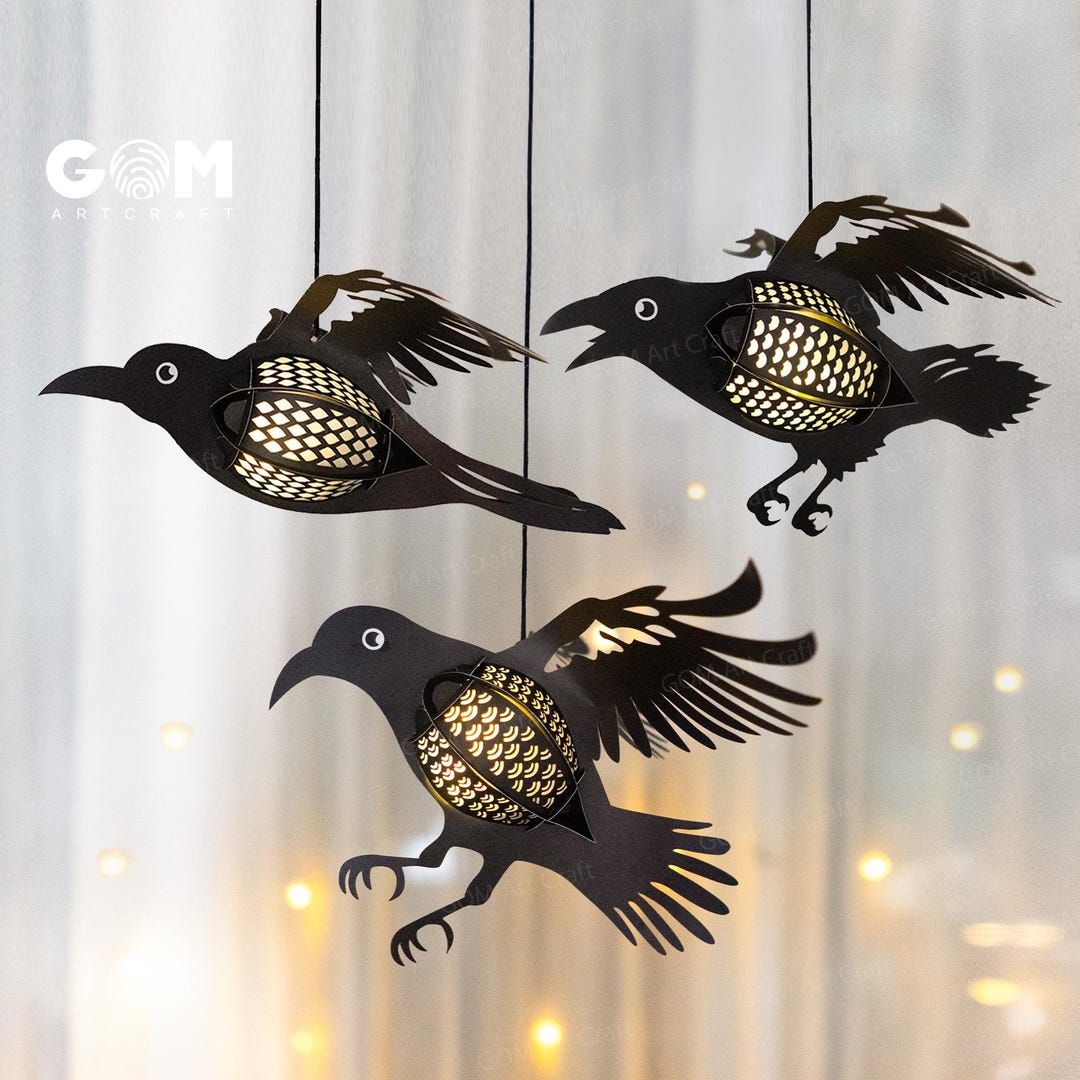 Set 3 Crow Lantern SVG - Hanging Crow Lantern Template - Crow Paper ...