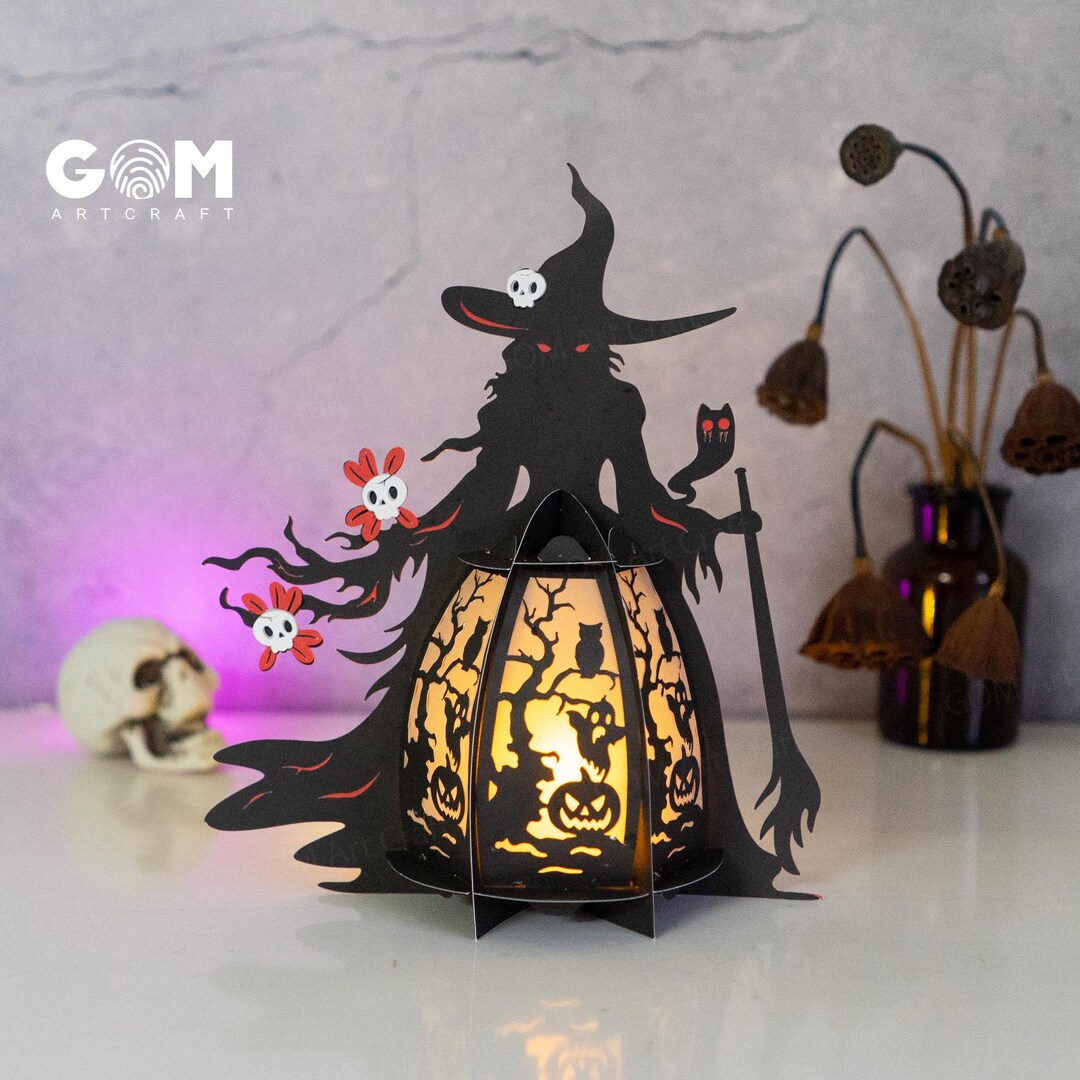 Witch Lantern Template - DIY Halloween Lantern Paper Cut - Witch Flower ...