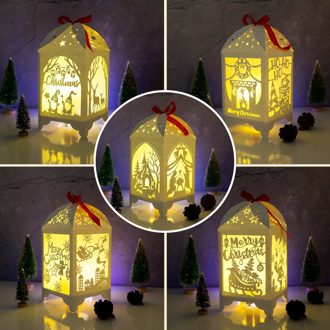 Pack 5 Merry Christmas Lantern Template - Light Box SVG File - DIY ...
