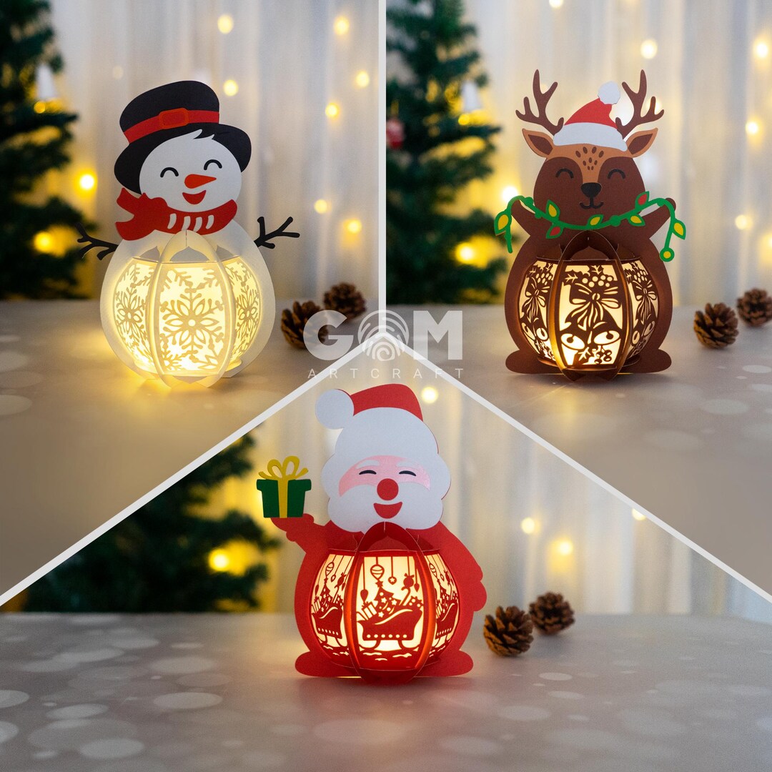 Set 3 Merry Christmas Lanterns - Santa Claus, Snowman, Reindeer ...