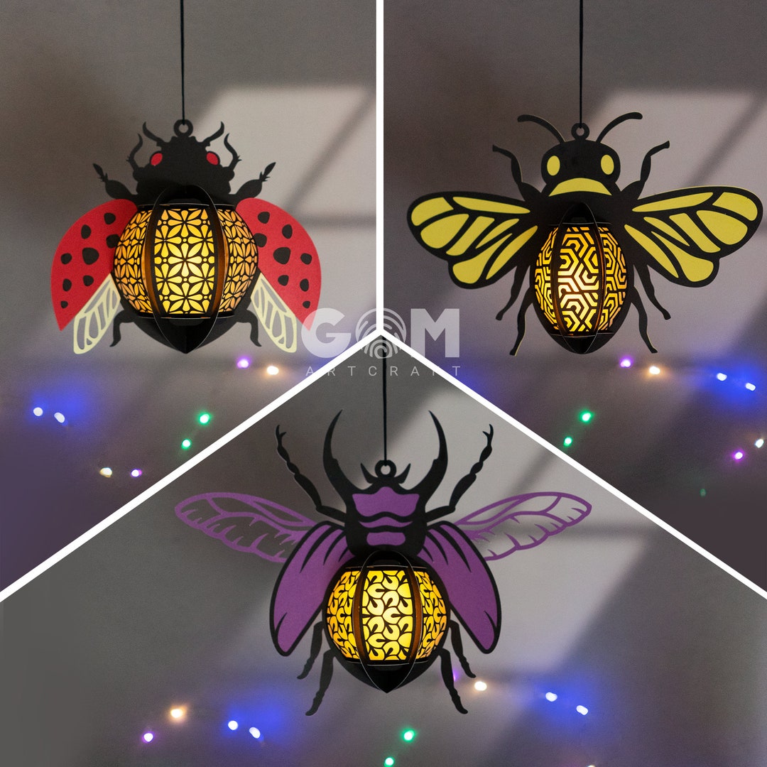 Set 3 Insect Lantern SVG - Bee Lantern, Beetles Lantern Paper Cut - DIY ...