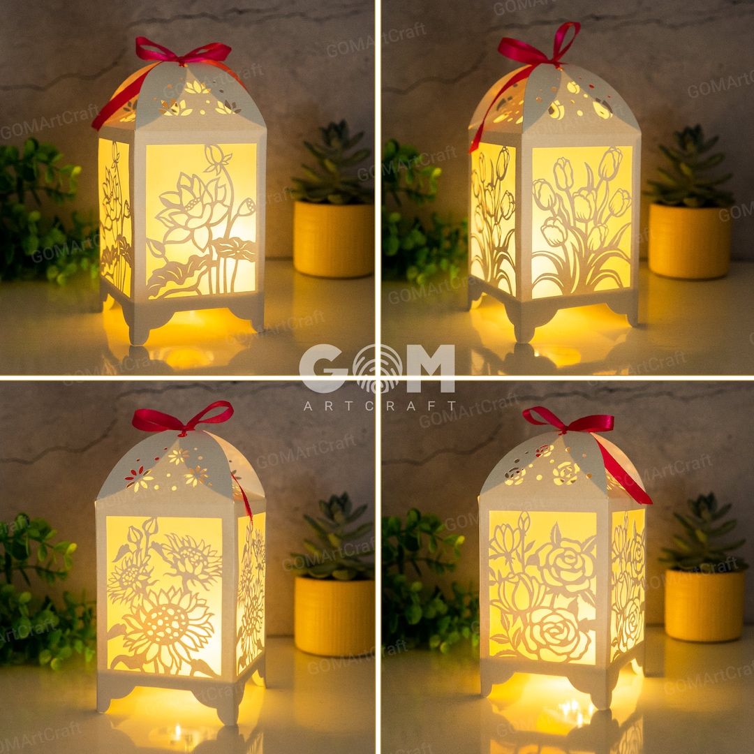 Pack 4 Flower Lantern Template - Flower Lantern Paper Cut - DIY Paper ...