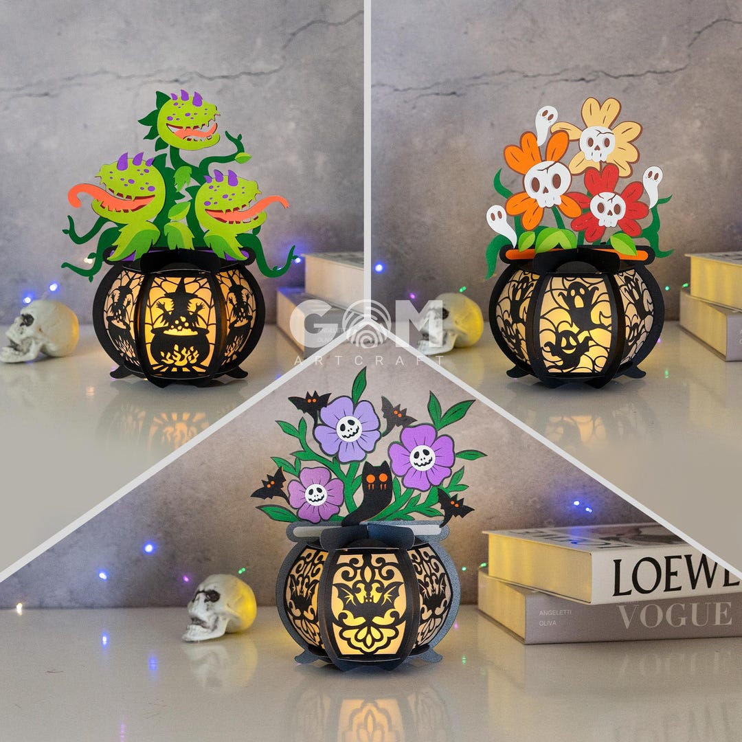 Set 3 Cauldron Witch Lantern SVG, Cauldron Flower Halloween, Paper ...