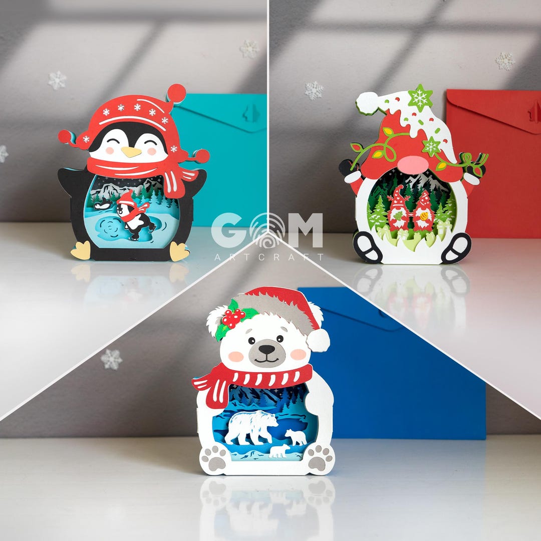 Set 3 Christmas Pop-up Card, Penguin-bear-gnome Christmas Pop-up Card ...