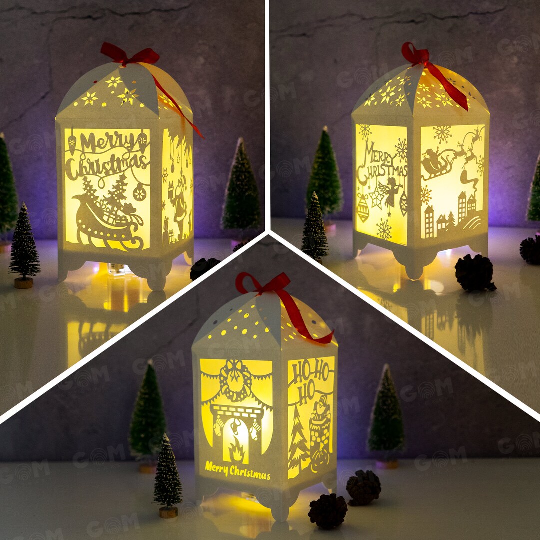 Pack 3 Merry Christmas Lantern Template - Xmas Paper Cutting Template ...