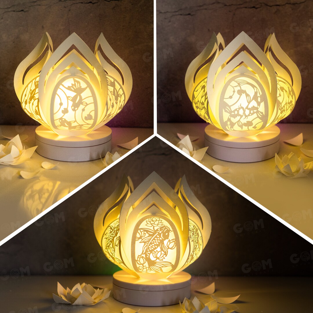 Pack 3 Lotus Lanterns SVG - Paper Lanterns Lotus and Fish - Paper Cutting Template - Lantern ...