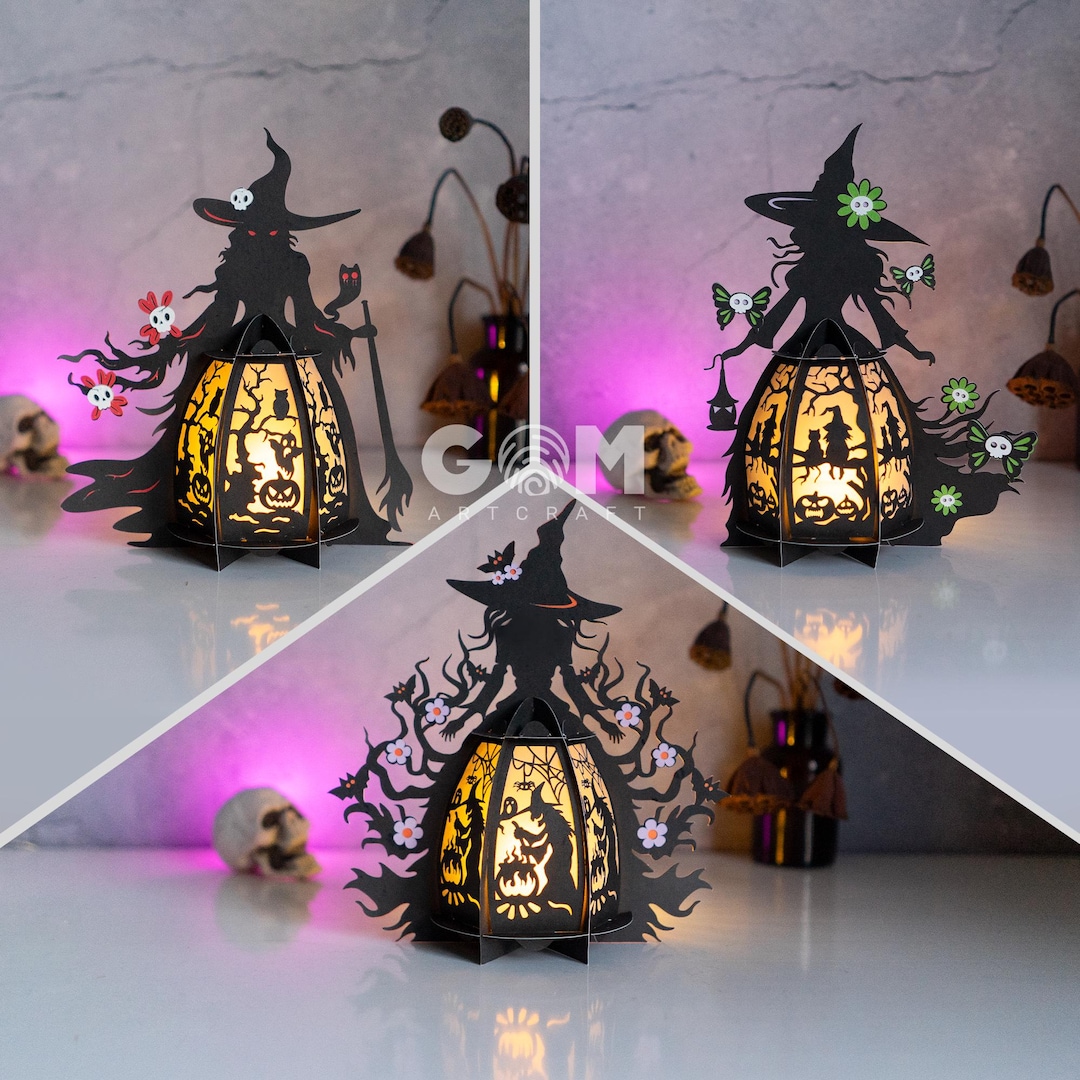 Set 3 Witch Lantern Template - DIY Halloween Lantern Paper Cut - Witch Lantern for Halloween ...