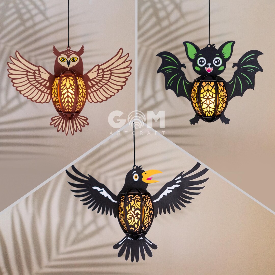 Set 3 Owl Lantern, Bat Lantern, Crow Lantern SVG, PDF - Halloween ...