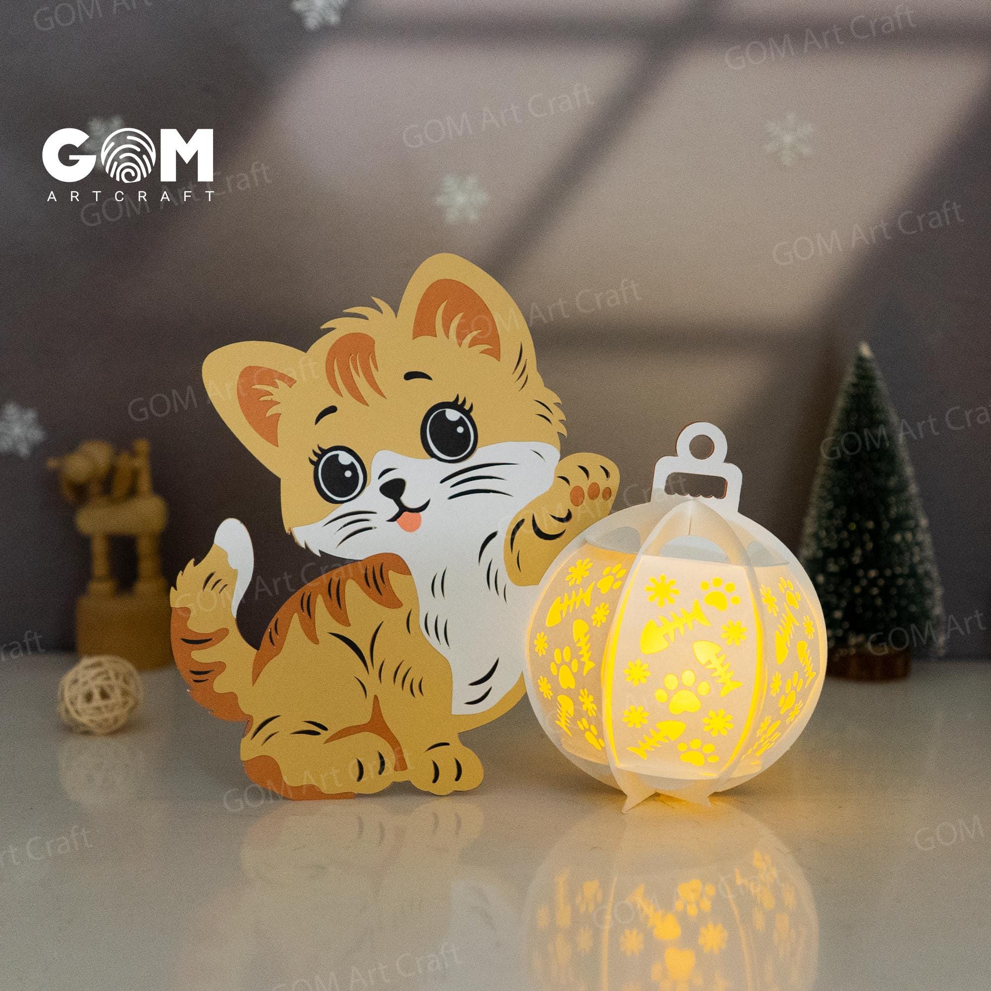 Christmas Cat Lantern SVG, PDF, Cat Playing With Christmas Ball Lantern ...